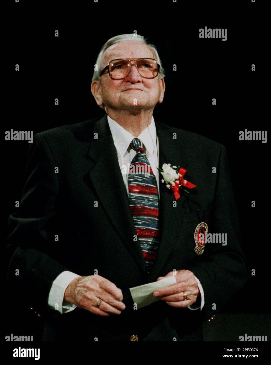 Former Detroit Red Wings captain and Hall of Famer Sid Abel looks up as ...