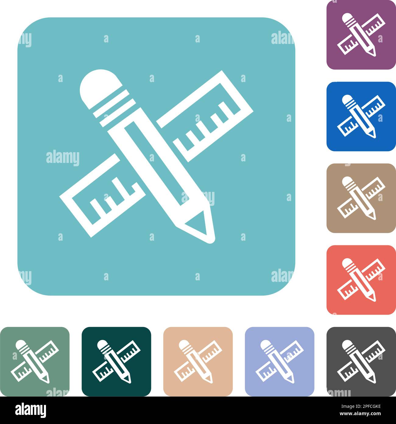 Pencil and ruler white flat icons on color rounded square backgrounds ...