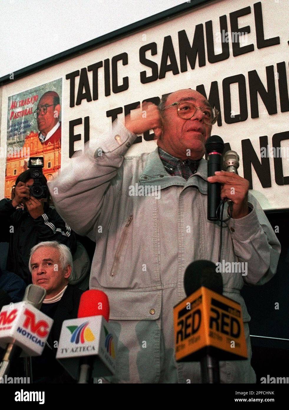 Mexican bishop Samuel Ruiz, right speaks during the presentation his ...