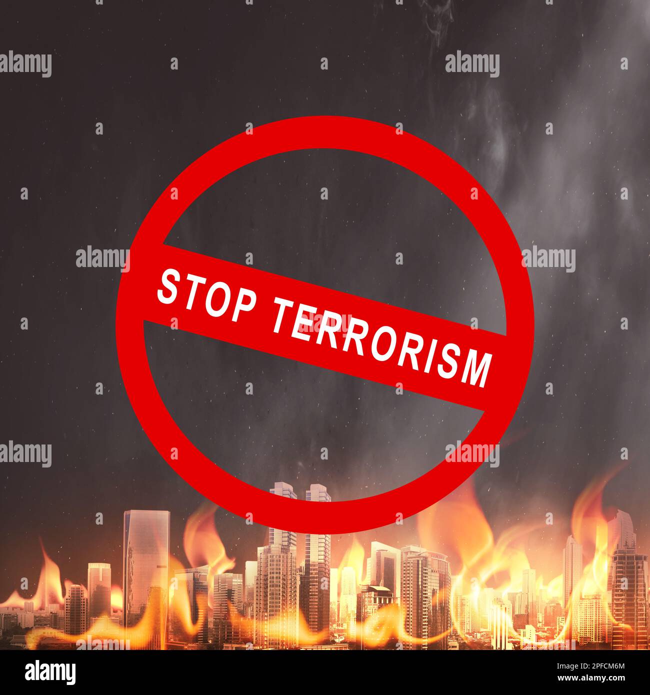 The burned city with stop terrorism sign with the dark background Stock ...