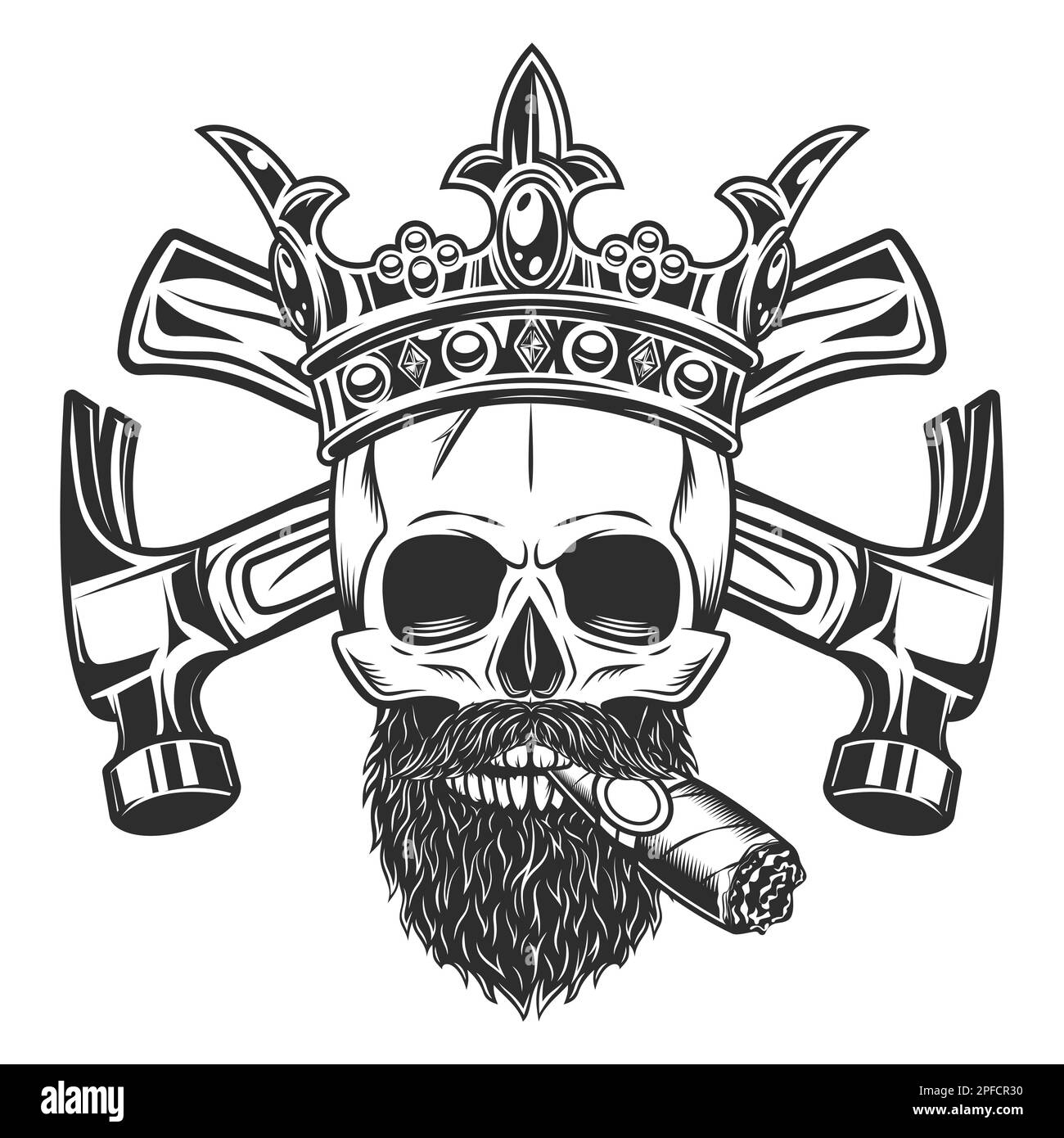 Skull smoking cigar or cigarette with mustache and beard and royal ...