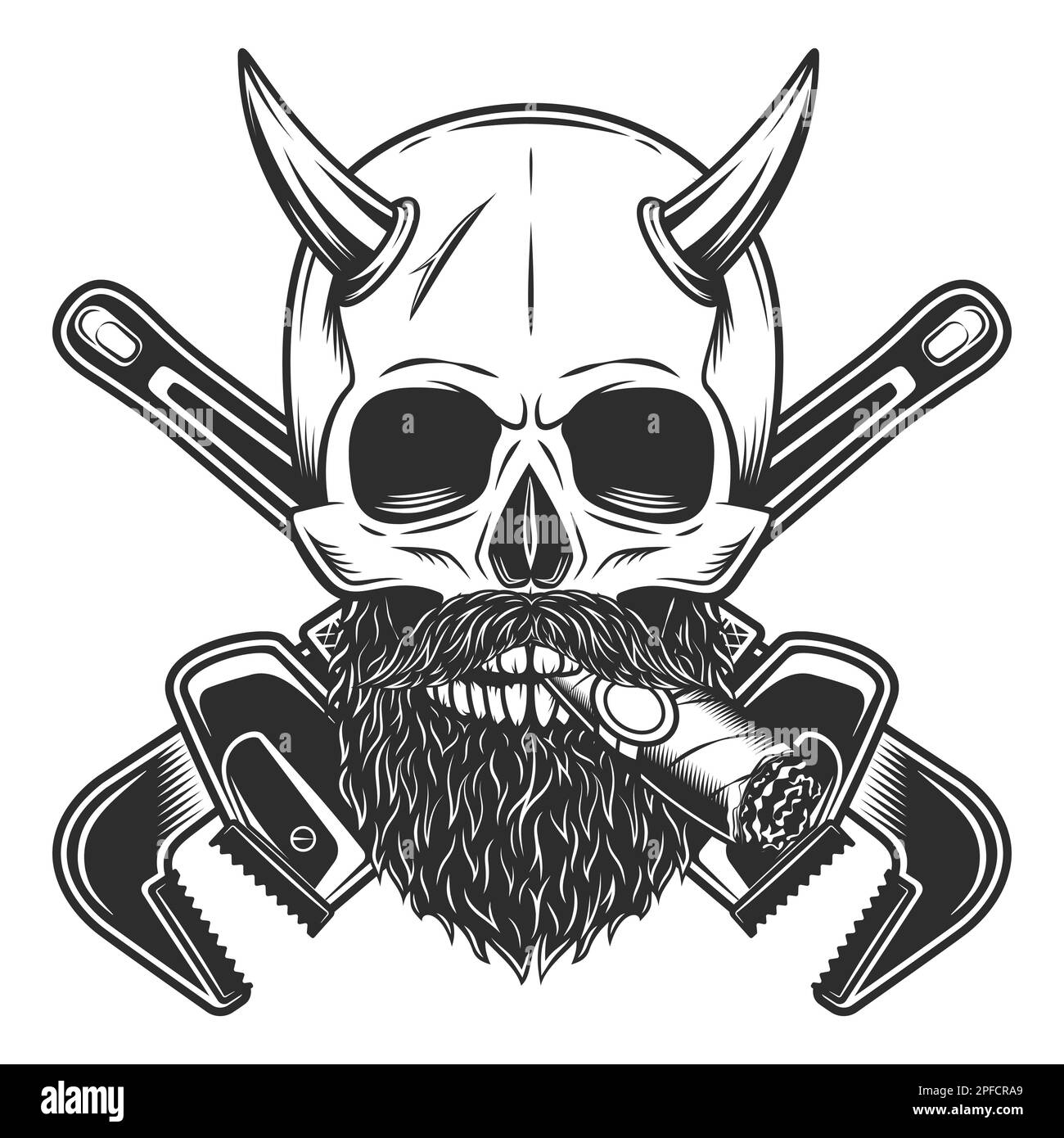 Vintage skull smoking cigar or cigarette with horn and mustache with ...