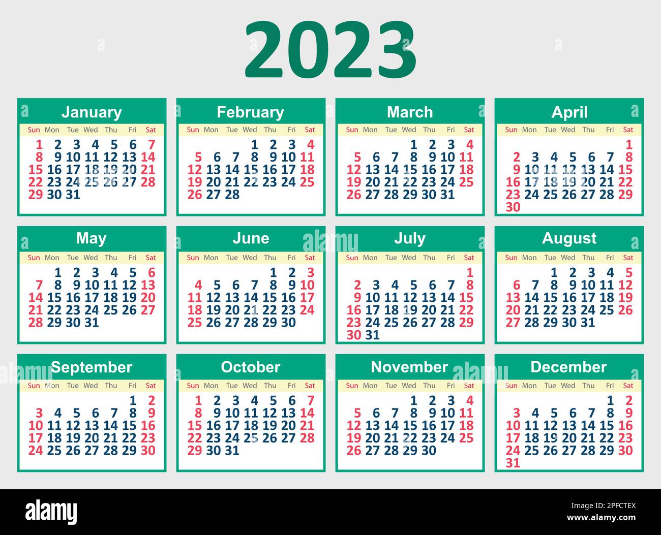 Monthly calendar grid template for 2023 year in English. Week Starts on ...