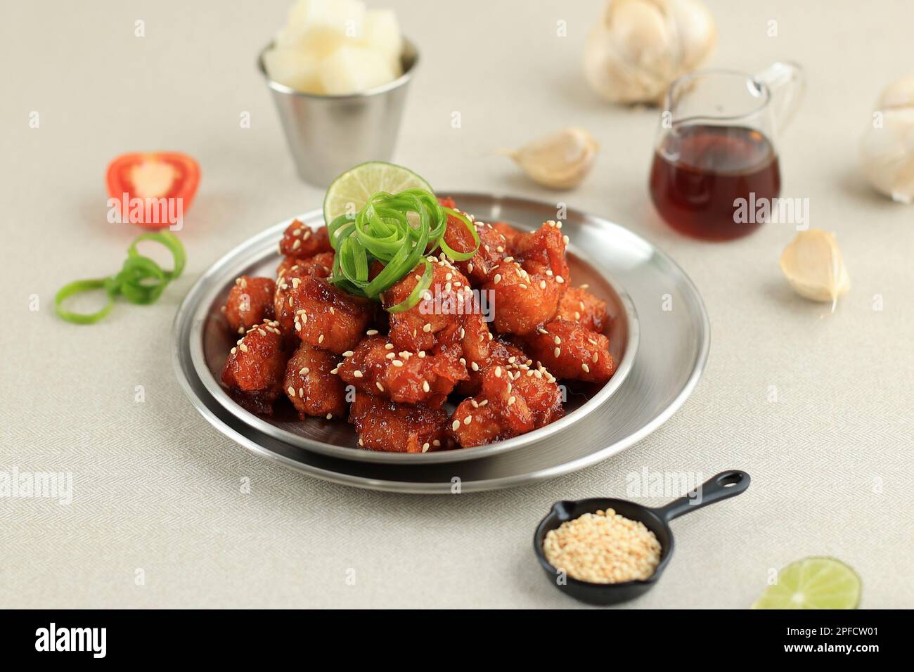 Korean Fried Chicken Yangnyeom Tongdak with Spicy Sauce and Sesame Seed ...