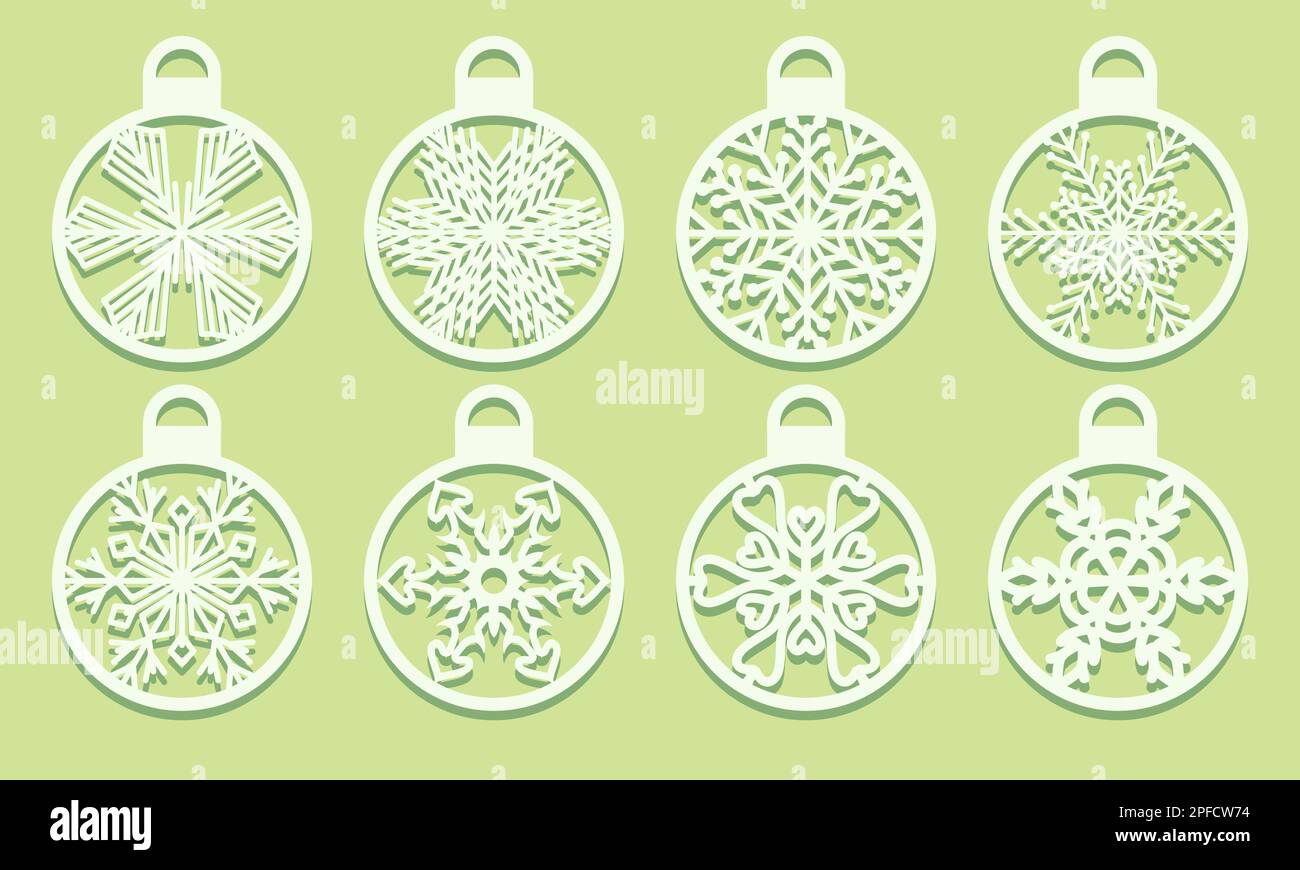 Christmas balls with Snowflakes laser cutting. Set cut out of paper ...