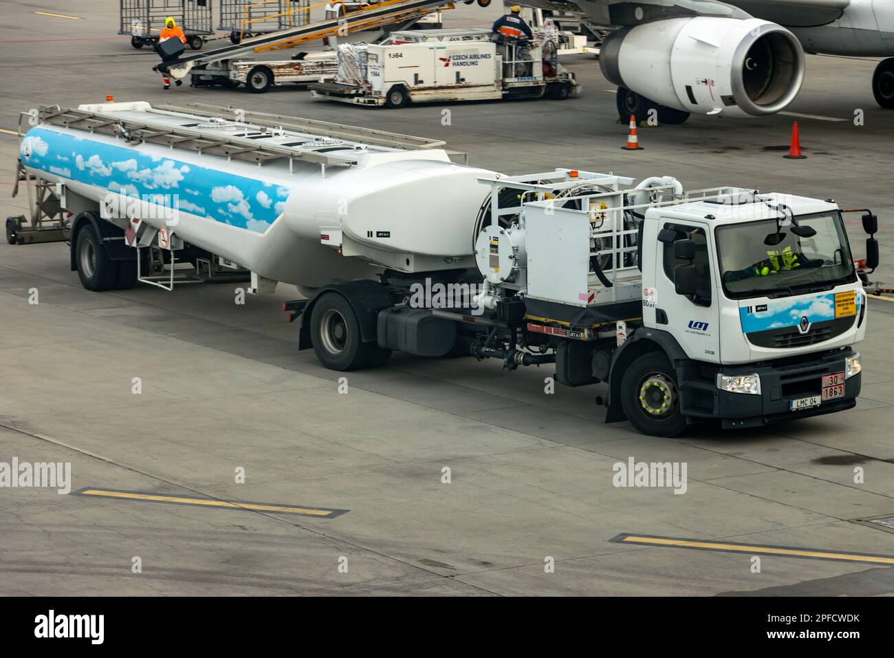 PRAGUE, CZECHIA, JAN 19 2023, Truck with fuel cistern for aircraft at ...