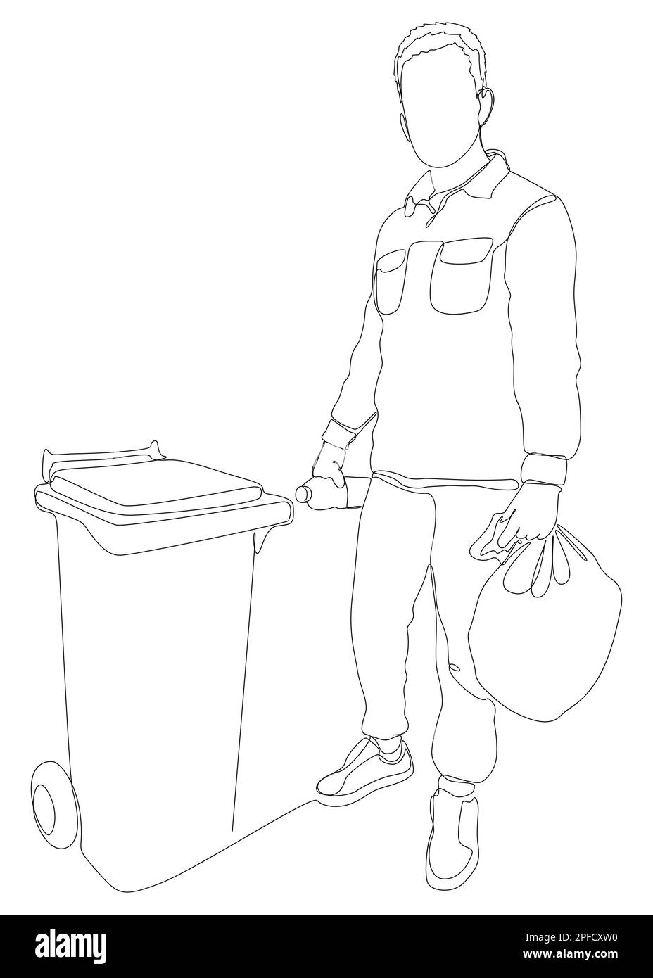 One continuous line of man with garbage bin. Thin Line Illustration ...