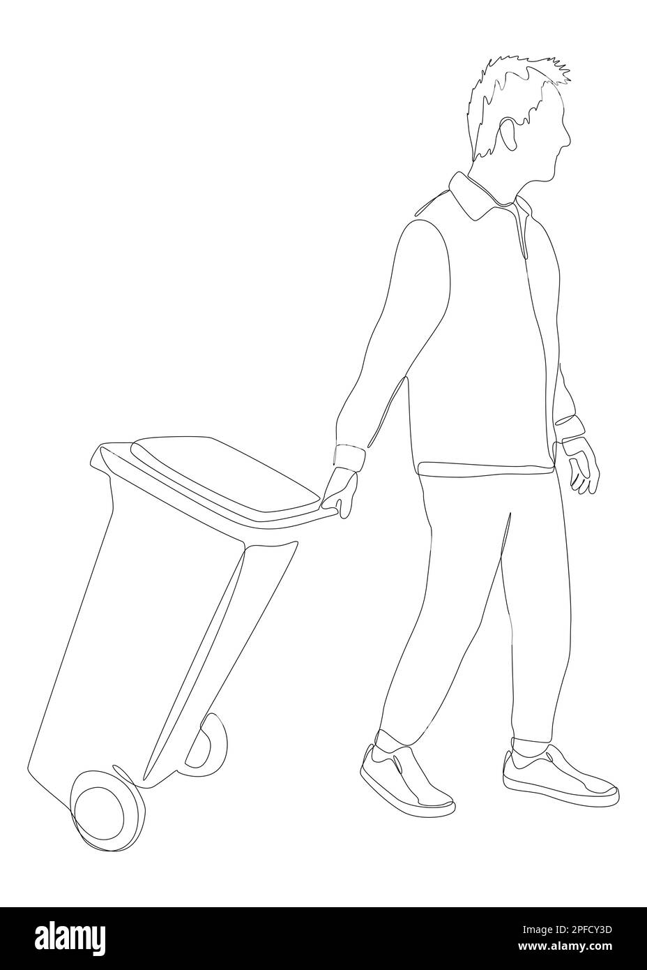 One continuous line of man with garbage bin. Thin Line Illustration ...