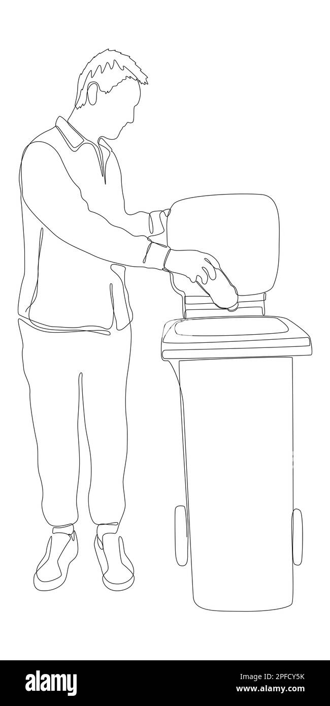 One continuous line of man with garbage bin. Thin Line Illustration ...