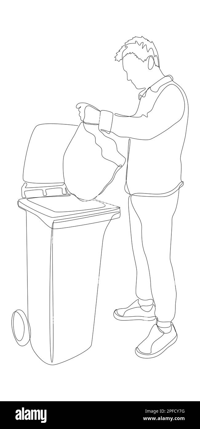 One continuous line of man with garbage bin. Thin Line Illustration ...