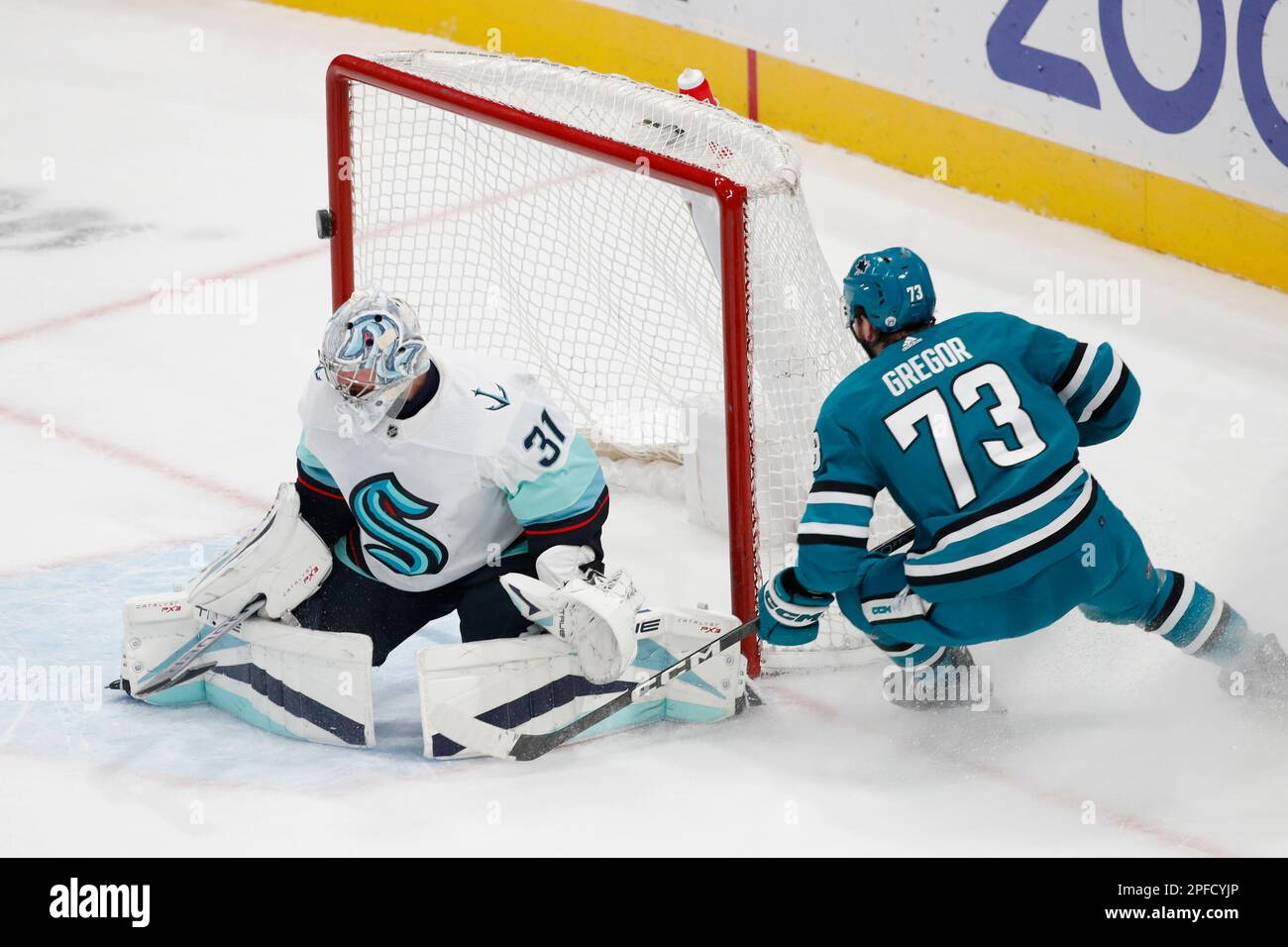 San Jose Sharks center Noah Gregor (73) can't get a shot past Seattle ...