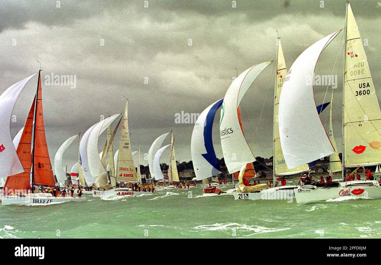 The Admirals Cup yacht fleet line up at the start of the Wolf Rock Race ...