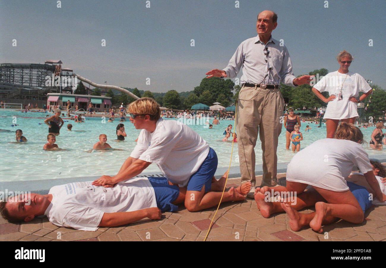 Dr. Henry J. Heimlich uses lifegaurds at Coney Island swimming pool in ...