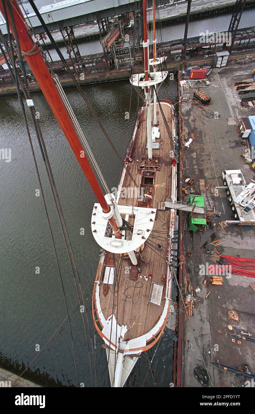 This is a view of the U.S.S. Constellation, taken from a crane looking ...