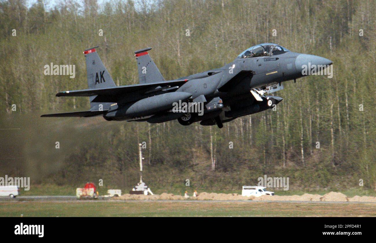 An F-15E fighter jet with the 3rd wing of the 90th fighter squadron ...