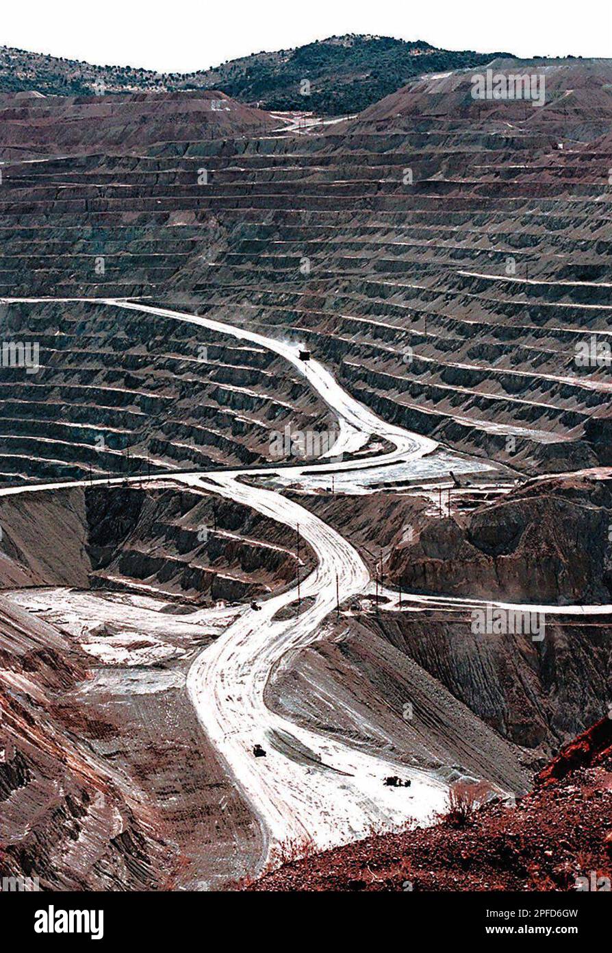 Terraces cut into the hillside at the huge Santa Rita copper mine in ...