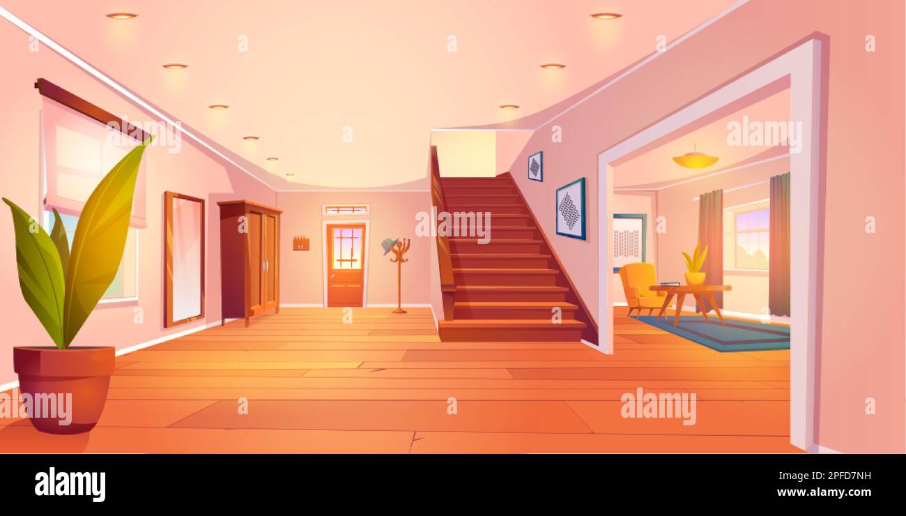 Cartoon house hallway and living room interior design with furniture ...