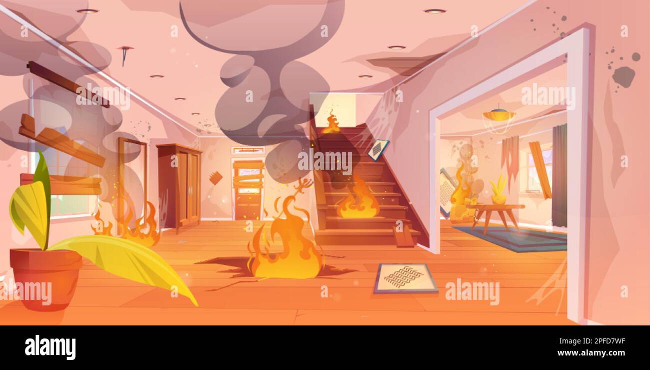 Burning fire inside home. Accident scene with flame and smoke in house ...