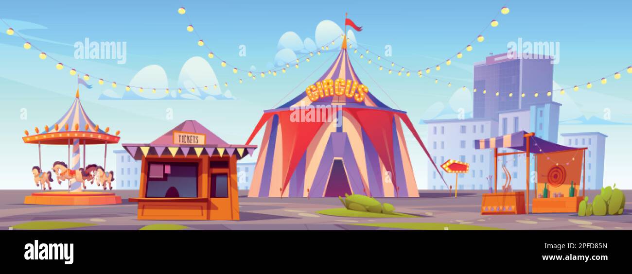 Carnival fun fair, amusement park with circus tent, carousel and ...