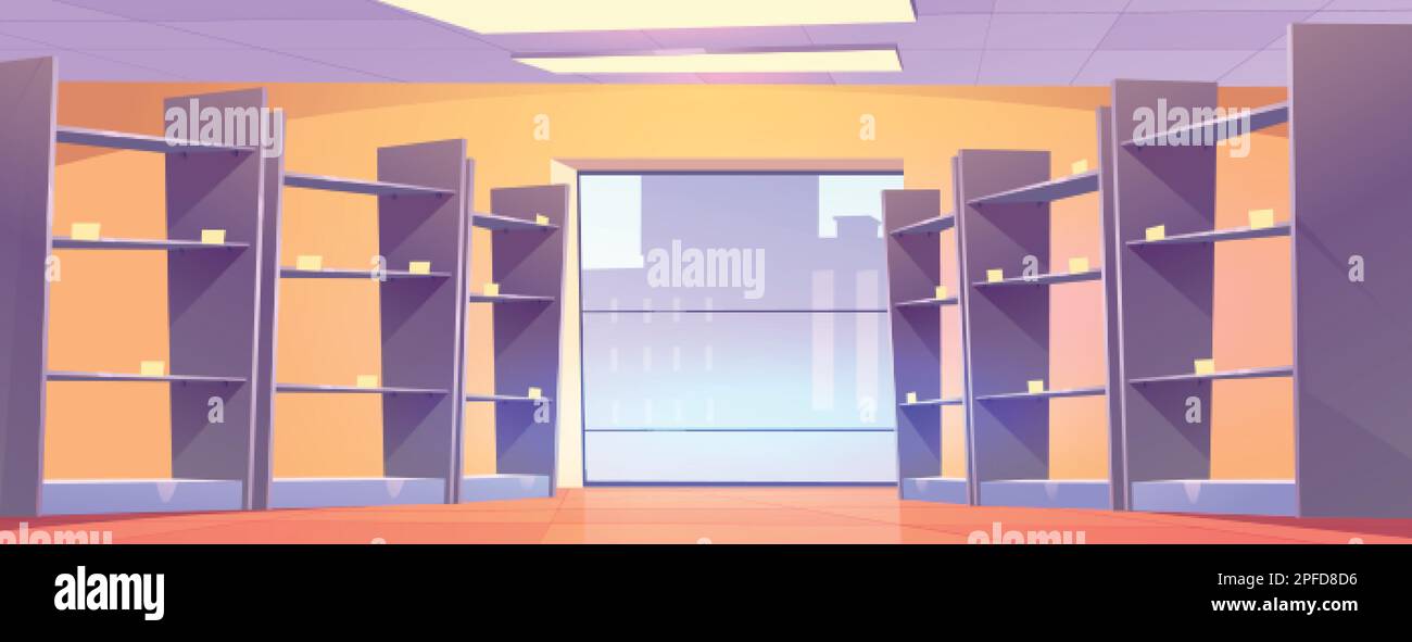Blank shelves in supermarket aisle. Cartoon vector background with ...