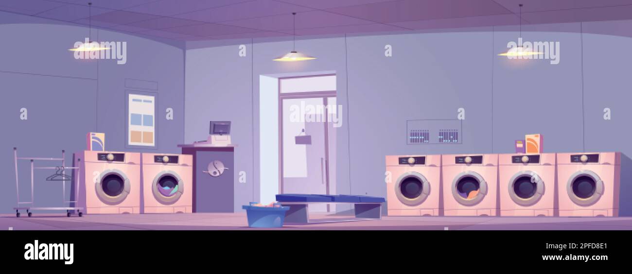 Public laundry room interior design. Vector cartoon illustration of ...