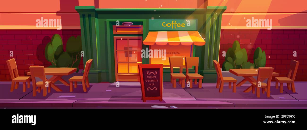 Cafe exterior with table and chair outside cartoon background. Outdoor ...
