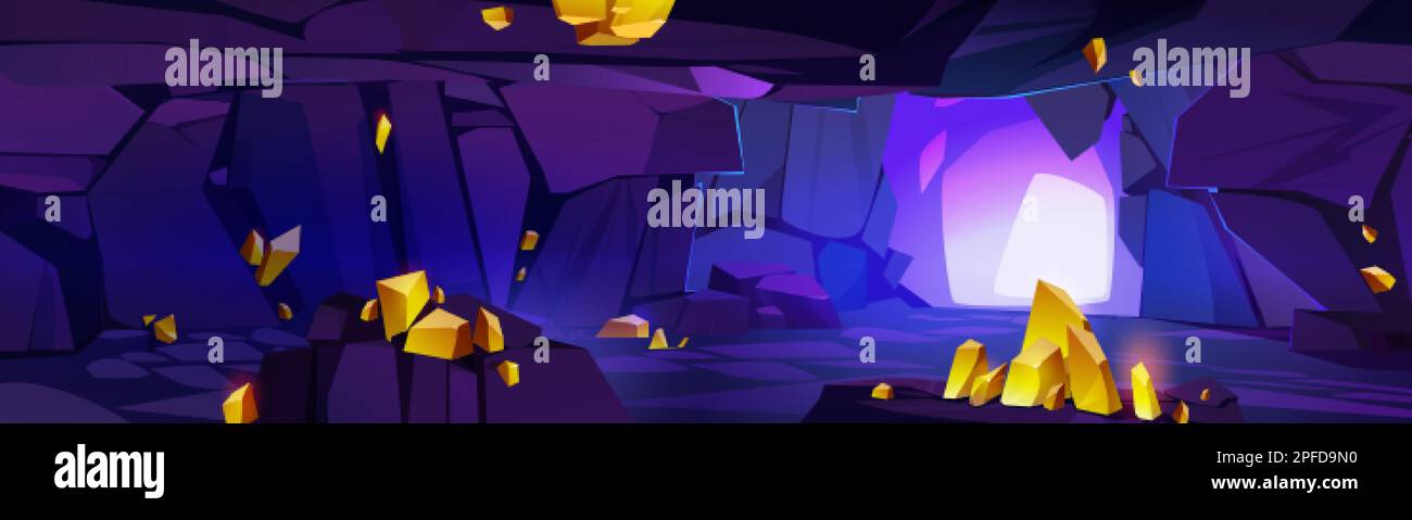 Mountain cave interior with gold deposits on ceiling, walls and floor ...