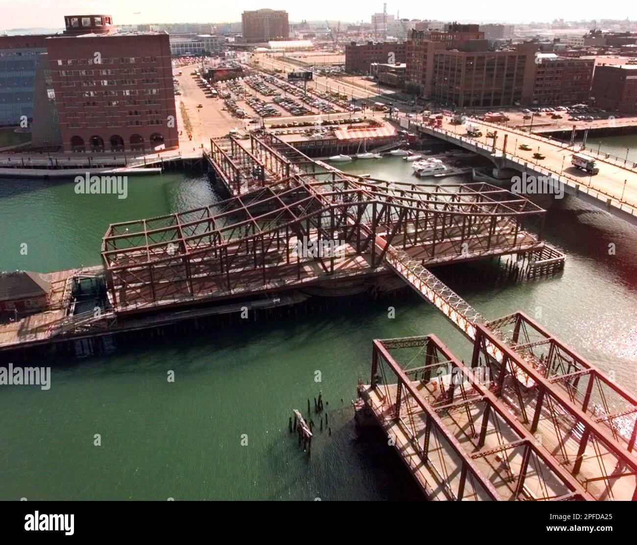 The old, steel girder Northern Avenue Bridge is seen in the open ...