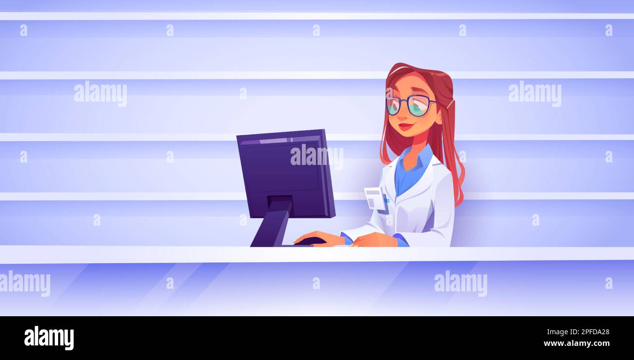Female nurse hospital receptionist sitting at table background vector ...