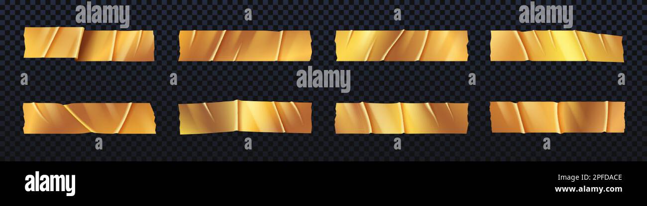 Realistic set of golden adhesive tape pieces isolated on transparent ...