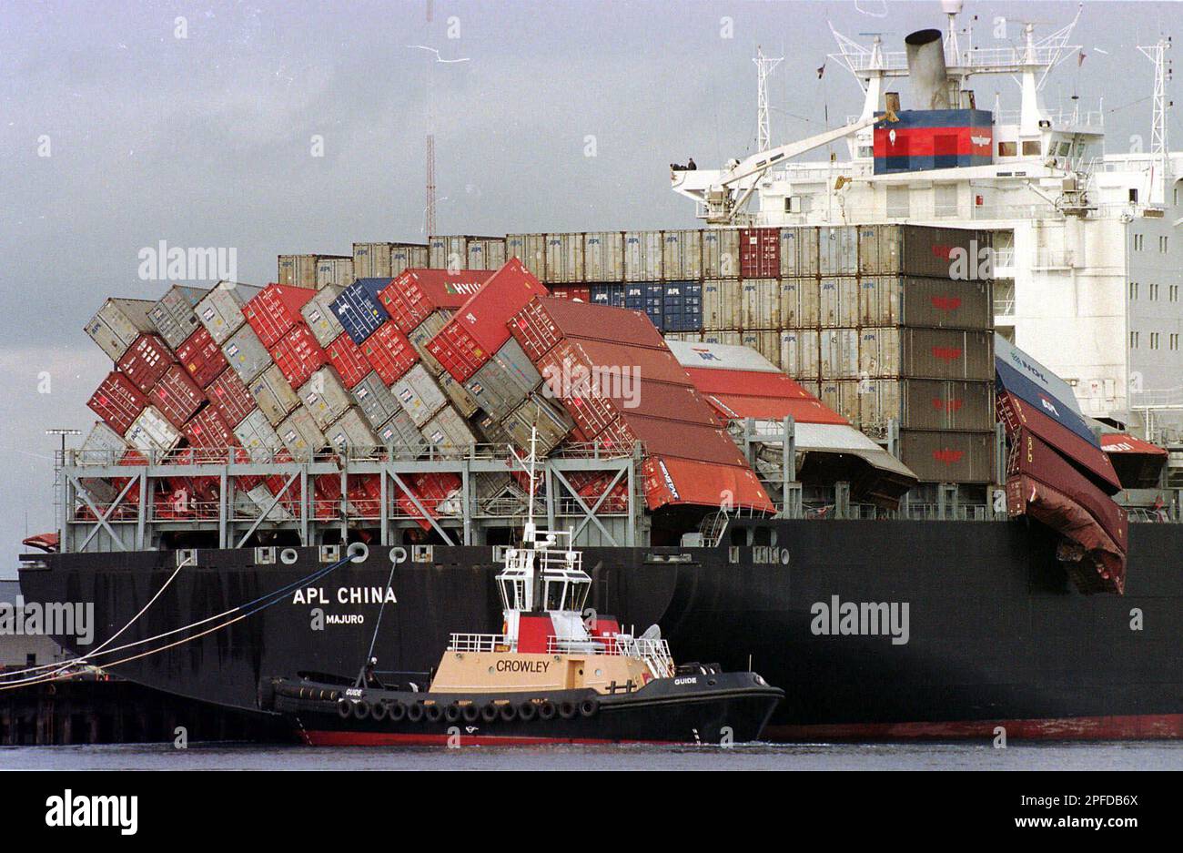The 150-foot freighter APL China lies at anchor Monday, Nov. 2, 1998 ...