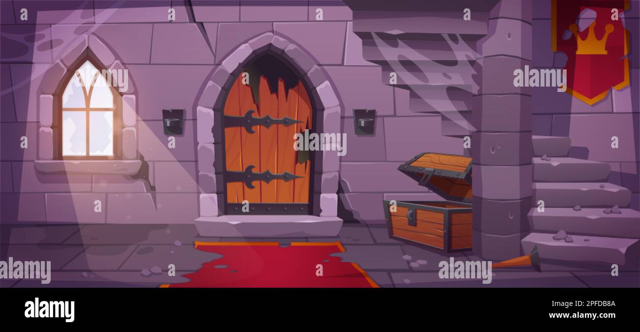 Abandoned castle dungeon with broken door, chest cartoon vector ...