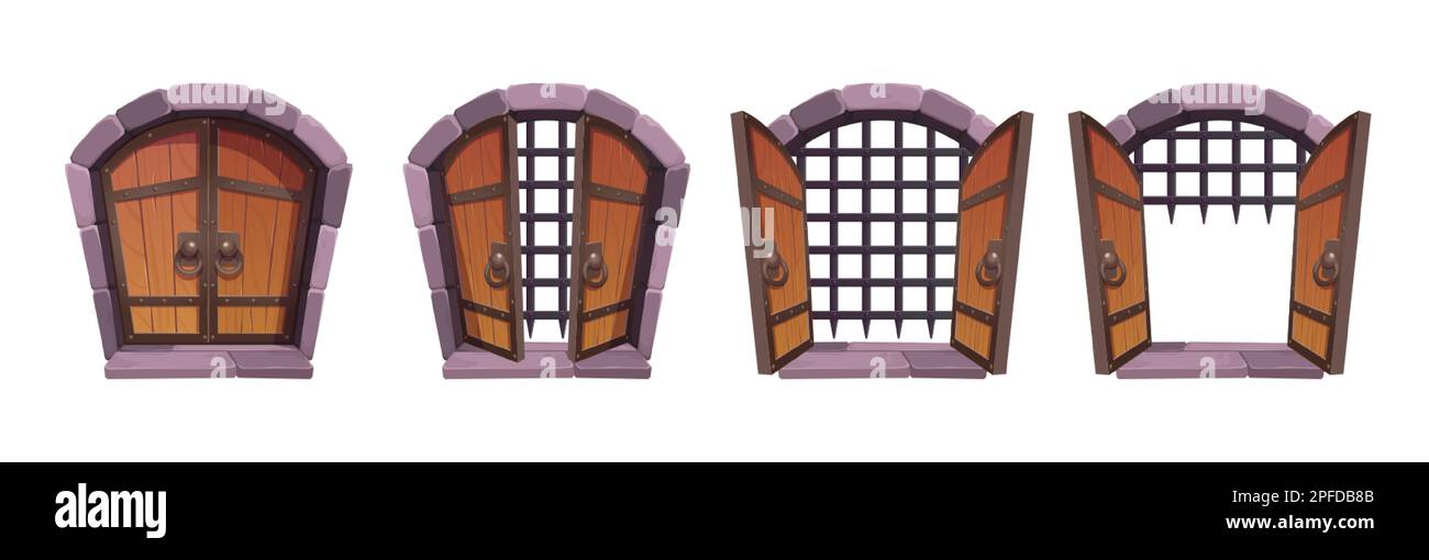 Medieval castle gates. Old wooden doors with stone brick arch and iron ...