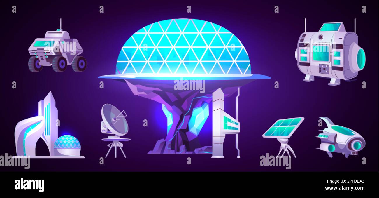Vector spaceship and station to explore galaxy. Cartoon set space ...