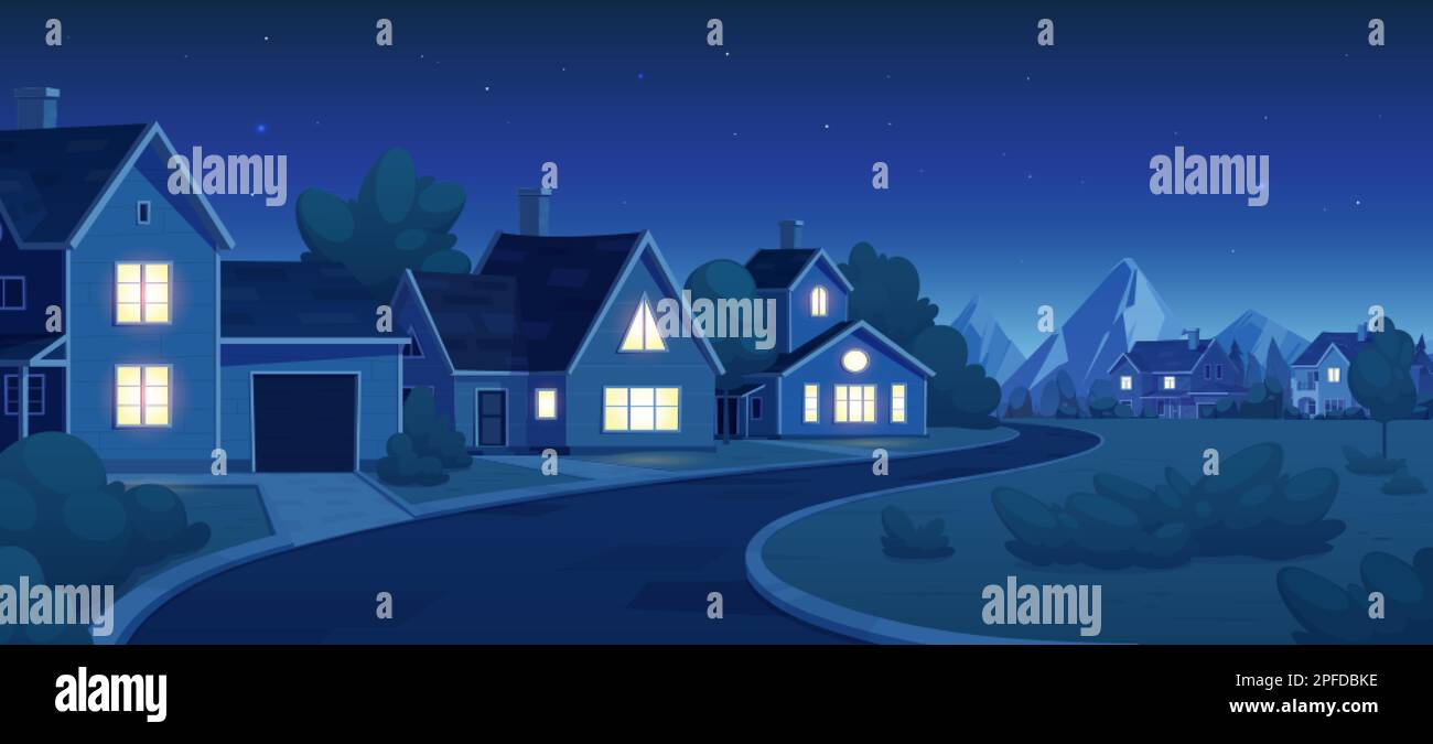 Empty suburban street with house at night landscape. Neighborhood ...
