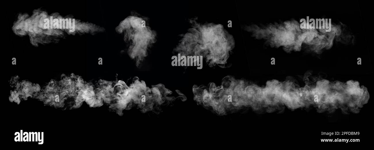 A set of 6 different steam, smoke, gas isolated on a black background ...