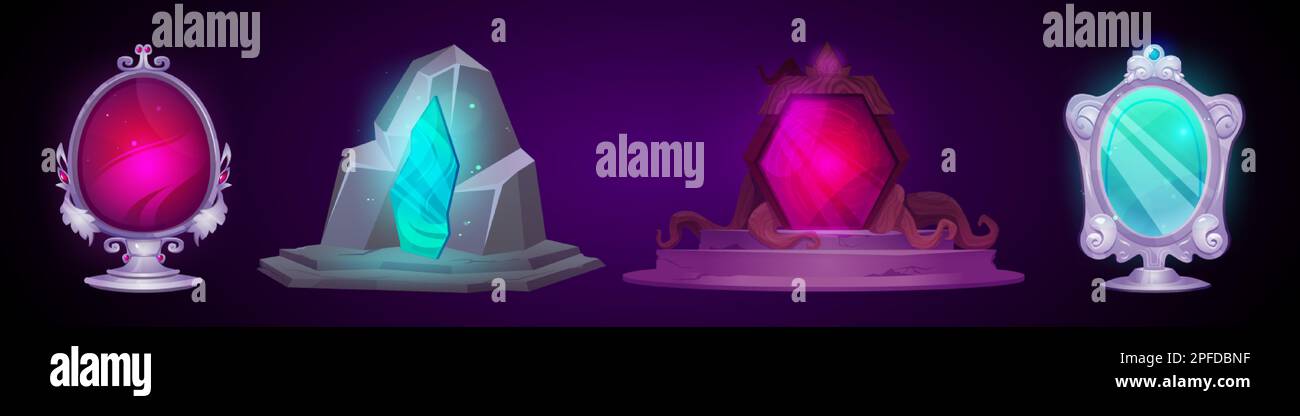 Vintage magic mirror with frame cartoon game illustration. Vector ui ...