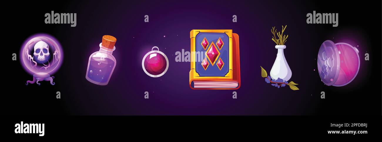 Game icons of witch or wizard magic stuff. Ui elements, set of potion ...