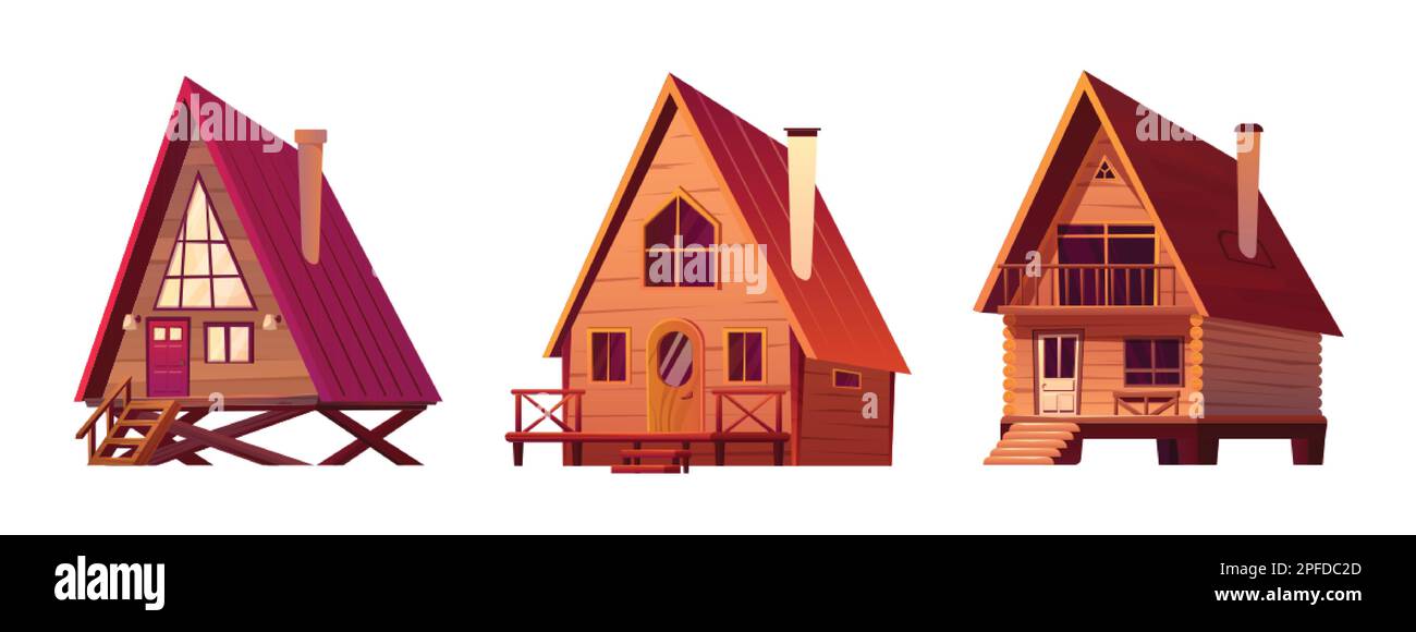 Cartoon wooden forest hut. Small cabin vector set. Bungalow building ...