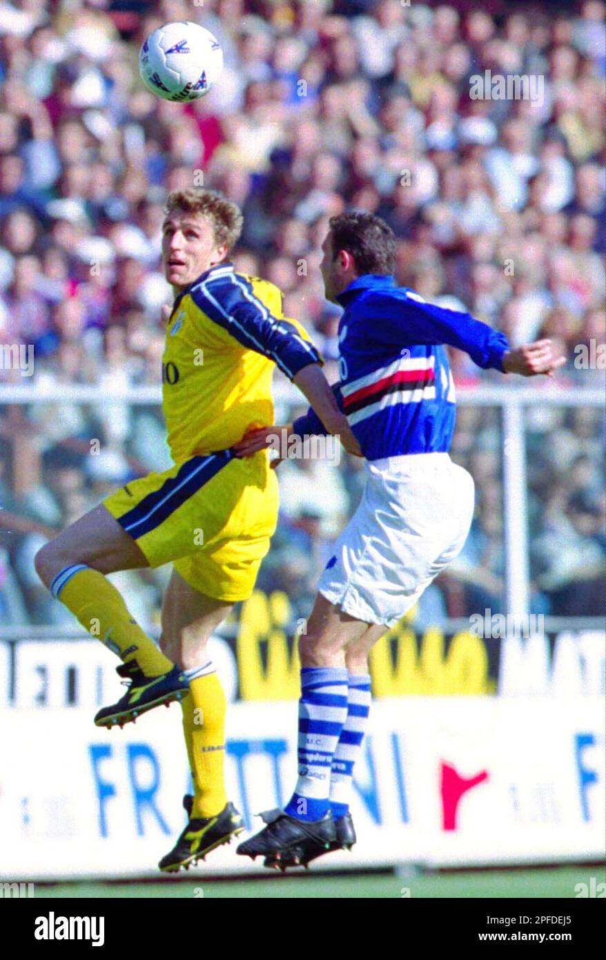 Croatian Alen Boksic, left, of Lazio prepares to head the ball against ...