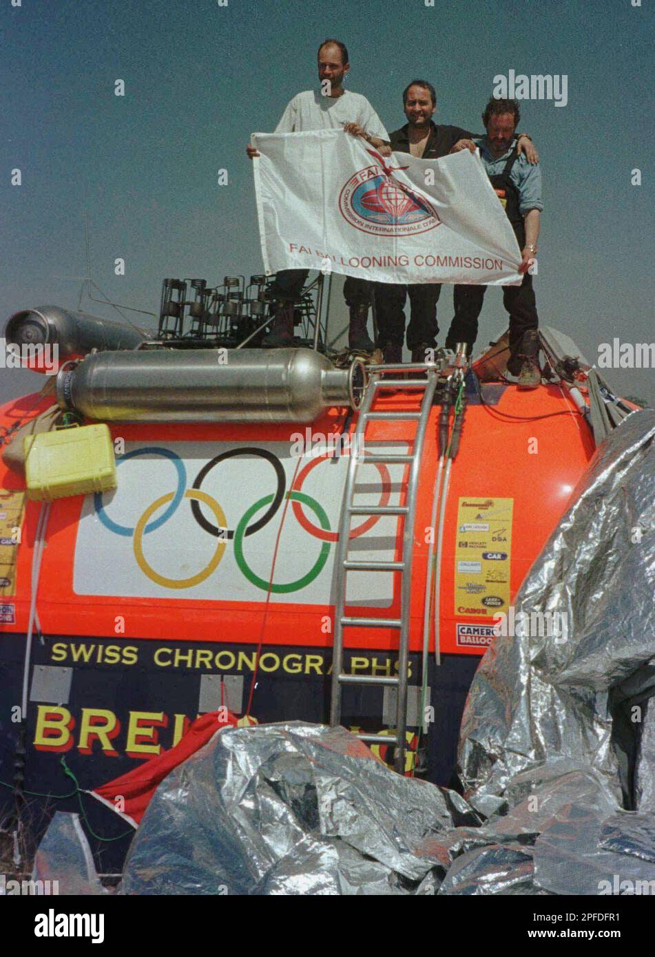 The three crewmen of the balloon Breitling Orbiter 2, Swiss crew leader ...