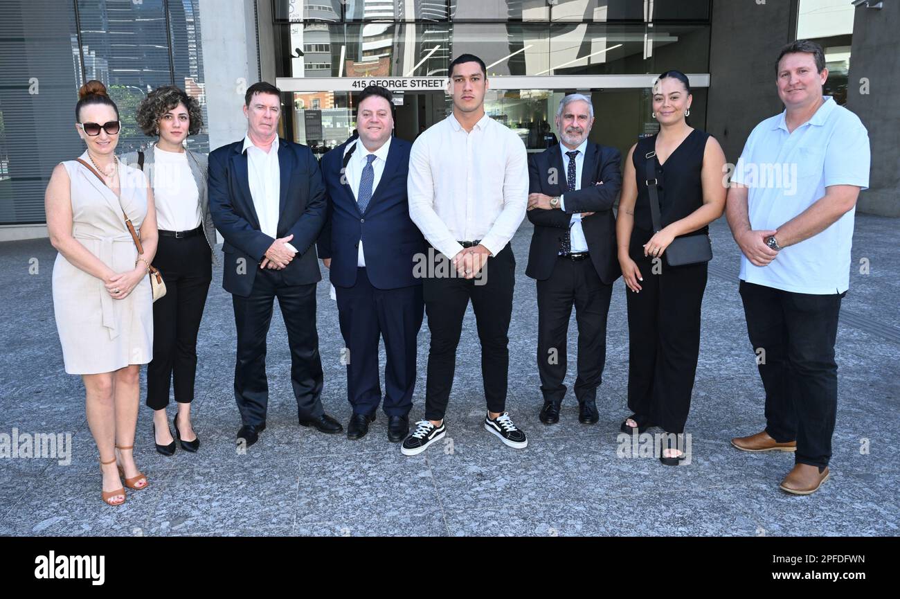 World champion boxer Jai Opetaia (centre) is seen with his legal team ...
