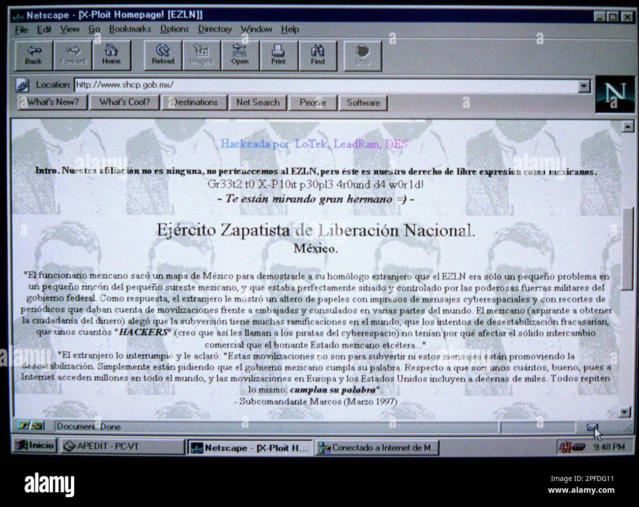A computer screen displayes a March 1997 communique from Zapatista ...
