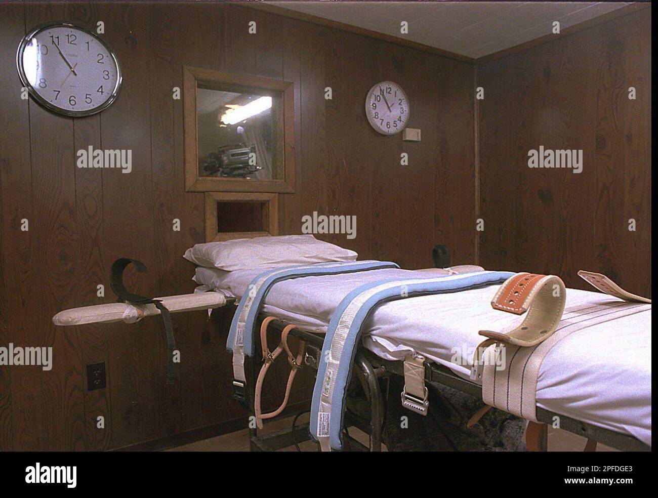 A padded gurney in the execution chamber of the Montana State Prison in ...