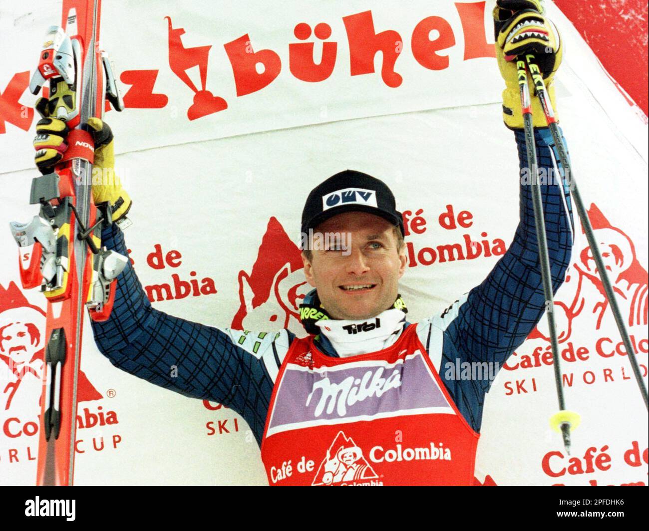 Austrian Thomas Stangassinger poses on the podium Sunday, Jan. 25 1998 ...