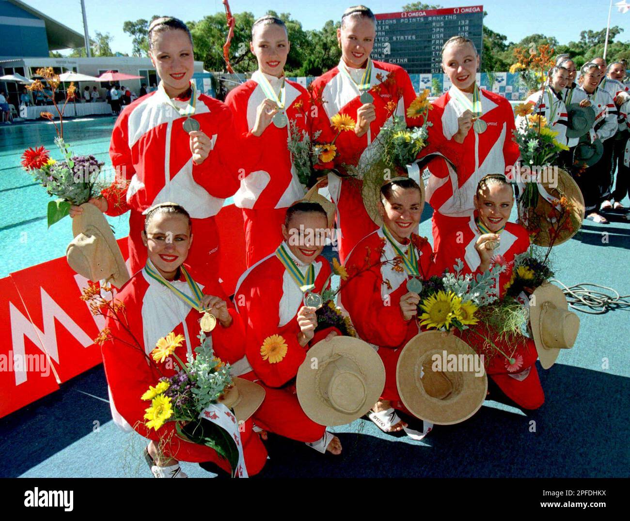 The Russian synchronized swimming team display the gold medals they won ...