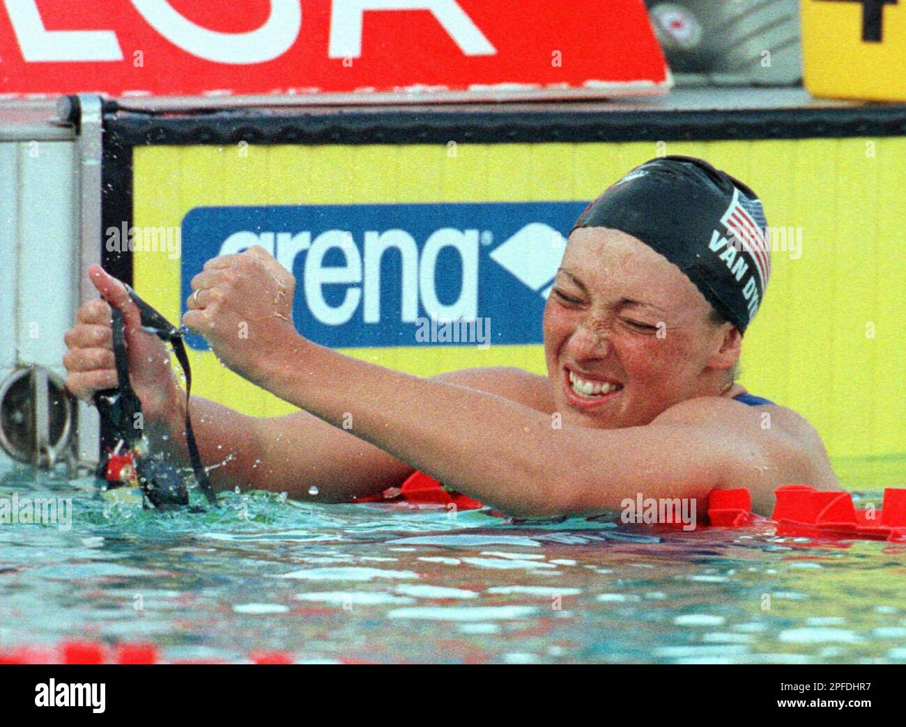 U.S. swimmer Amy Van Dyken from Littleton, Colo., celebrates her gold ...