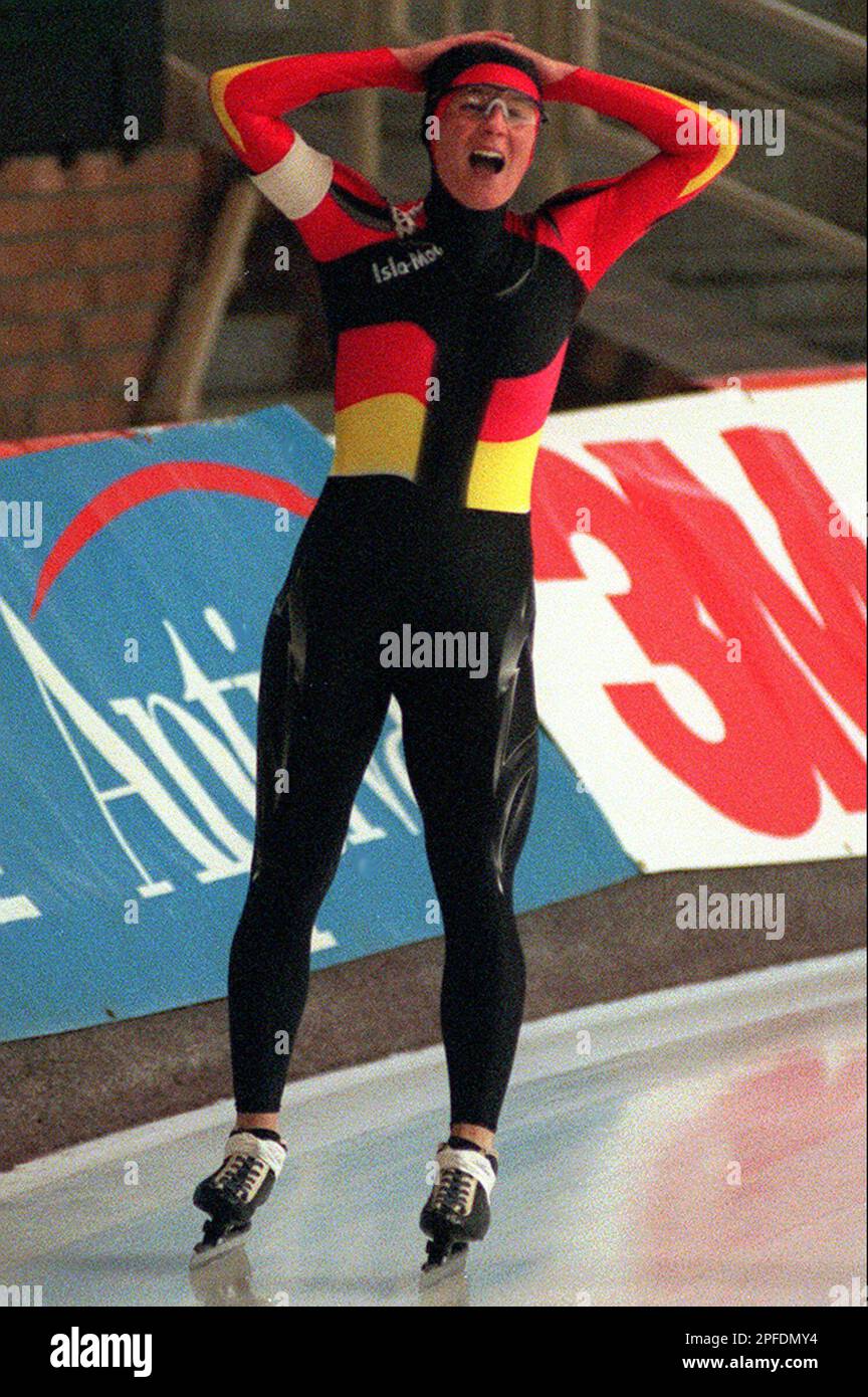 German skater Claudia Pechstein jubilates after her victory in the ...