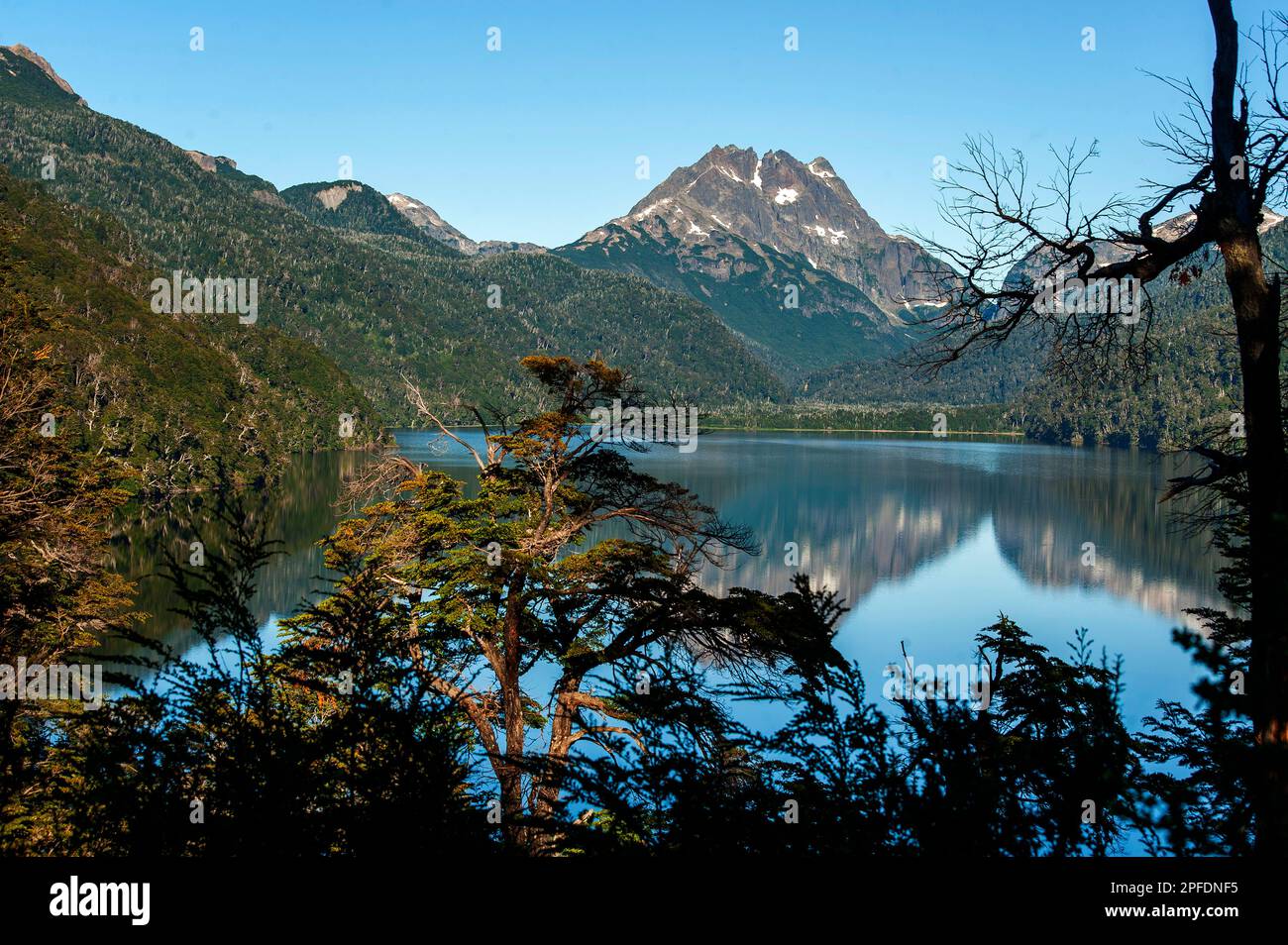 Lake Villarino with snowy peaks in the distance, as seen from the Rura ...
