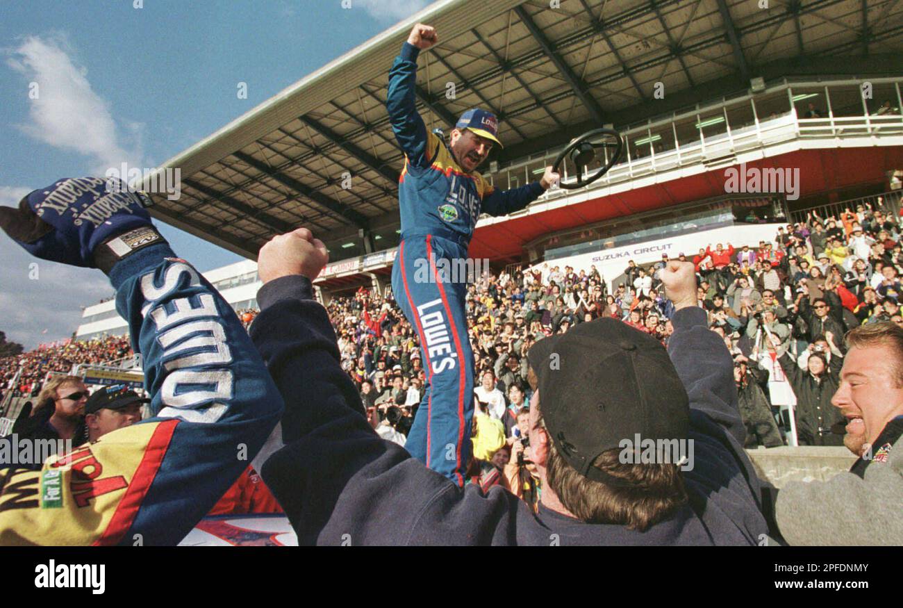 Mike Skinner, Susanville, Ca., raises his arms in jubilation atop his ...